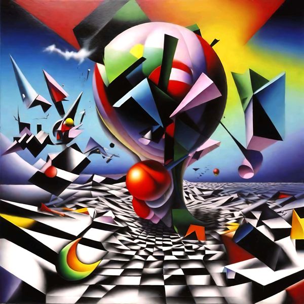 最初の商品画像がポスターの全体図です．2 番めの商品画像として中央部分の拡大図をのせています． 【GPT5/4o による解説】 (正確でない場合がありますので，ご注意ください.) 画面いっぱいに，球体や三角柱が空中でぶつかり合い，地面の市松...