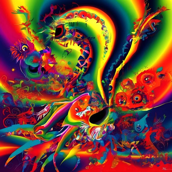 最初の商品画像がポスターの全体図です．2 番めの商品画像として中央部分の拡大図をのせています． 【GPT5/4o による解説】 (正確でない場合がありますので，ご注意ください.) この絵は，サイケデリックアートの影響を強く受けた作品です． ...