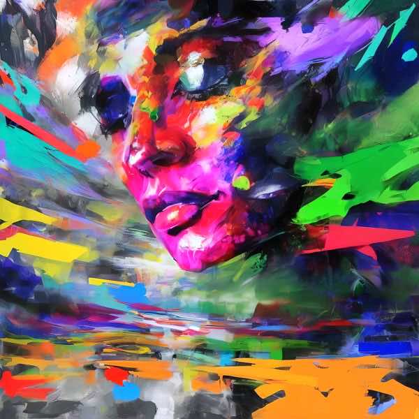 最初の商品画像がポスターの全体図です．2 番めの商品画像として中央部分の拡大図をのせています． 【GPT5/4o による解説】 (正確でない場合がありますので，ご注意ください.) 顔は実体というより色の風にえぐられた地形で，マゼンタの皮膚が...