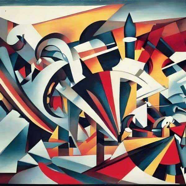 最初の商品画像がポスターの全体図です．2 番めの商品画像として中央部分の拡大図をのせています． 【GPT5/4o による解説】 (正確でない場合がありますので，ご注意ください.) この絵は，鋭い三角形や曲線が重なり，扇が開く形が中心から勢い...