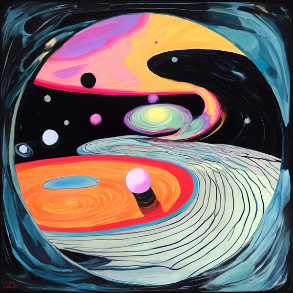 最初の商品画像がポスターの全体図です．2 番めの商品画像として中央部分の拡大図をのせています． 【GPT5/4o による解説】 (正確でない場合がありますので，ご注意ください.) この作品は渦巻く曲線と鮮烈な色彩で，抽象的な宇宙風景を描き出...