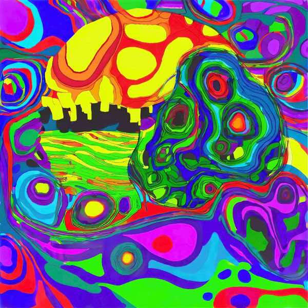 最初の商品画像がポスターの全体図です．2 番めの商品画像として中央部分の拡大図をのせています． 【GPT5/4o による解説】 (正確でない場合がありますので，ご注意ください.) 飽和した蛍光色が押し寄せ，画面全体が溶けた地形図や細胞切片の...