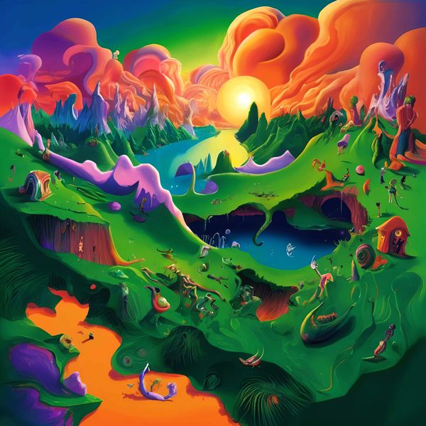 最初の商品画像がポスターの全体図です．2 番めの商品画像として中央部分の拡大図をのせています． 【GPT5/4o による解説】 (正確でない場合がありますので，ご注意ください.) この絵は，柔らかく曲がる丘が波のようにつながり，中央の川が奥...