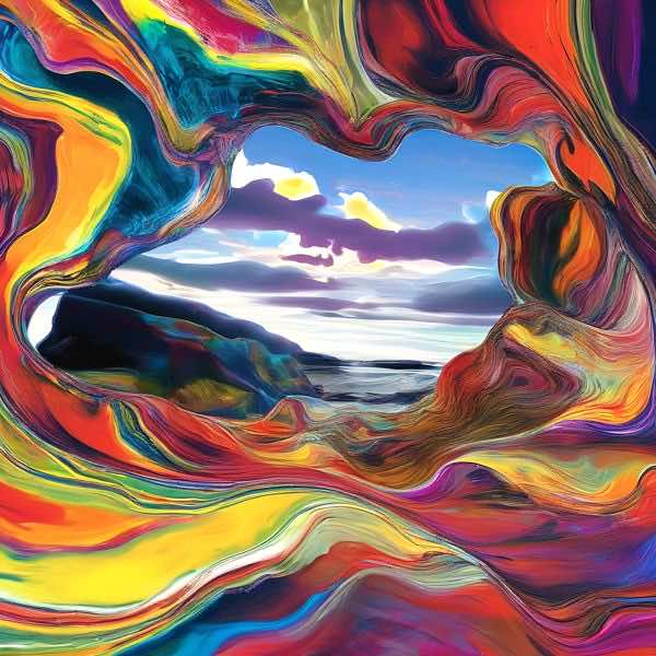 最初の商品画像がポスターの全体図です．2 番めの商品画像として中央部分の拡大図をのせています． 【GPT5/4o による解説】 (正確でない場合がありますので，ご注意ください.) この絵は，海辺の風景を中心に，周囲を渦巻くような色彩の帯で囲...