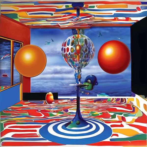 最初の商品画像がポスターの全体図です．2 番めの商品画像として中央部分の拡大図をのせています． 【GPT5/4o による解説】 (正確でない場合がありますので，ご注意ください.) この絵は，シュルレアリスムとポップアートの影響を受けた作品の...