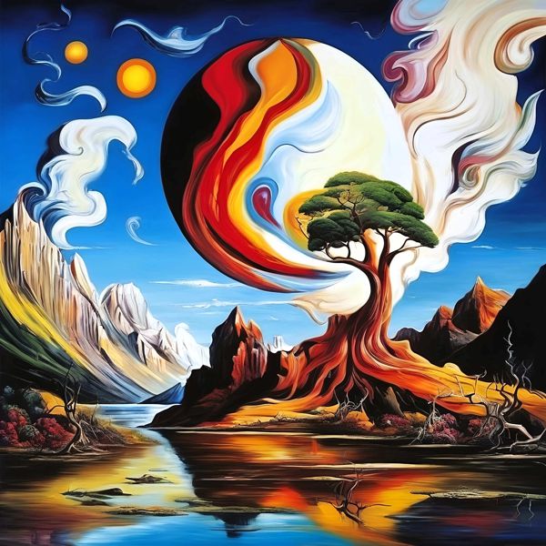 最初の商品画像がポスターの全体図です．2 番めの商品画像として中央部分の拡大図をのせています． 【GPT5/4o による解説】 (正確でない場合がありますので，ご注意ください.) この絵は，深い青空の下，二つの太陽と巨大な球体が浮かび，樹木...