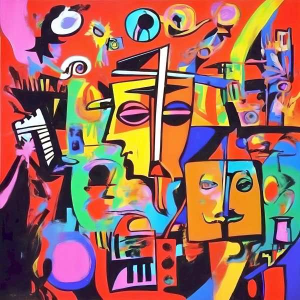 最初の商品画像がポスターの全体図です．2 番めの商品画像として中央部分の拡大図をのせています． 【GPT5/4o による解説】 (正確でない場合がありますので，ご注意ください.) この絵は，キュビズムやシュルレアリスムの影響を受けた作品のよ...