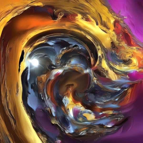 最初の商品画像がポスターの全体図です．2 番めの商品画像として中央部分の拡大図をのせています． 【GPT5/4o による解説】 (正確でない場合がありますので，ご注意ください.) 画面全体を渦が支配し，金や群青，紫が溶け合って中心へ吸い込ま...