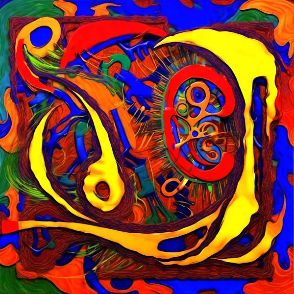 最初の商品画像がポスターの全体図です．2 番めの商品画像として中央部分の拡大図をのせています． 【GPT5/4o による解説】 (正確でない場合がありますので，ご注意ください.) この作品は鮮烈な原色と曲線が画面を支配し，黄色い帯状のライン...