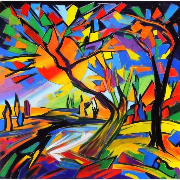 最初の商品画像がポスターの全体図です．2 番めの商品画像として中央部分の拡大図をのせています． 【GPT5/4o による解説】 (正確でない場合がありますので，ご注意ください.) この絵は，フォーヴィスムやキュビスムの影響を受けた作品のよう...