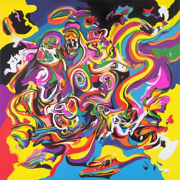 最初の商品画像がポスターの全体図です．2 番めの商品画像として中央部分の拡大図をのせています． 【GPT5/4o による解説】 (正確でない場合がありますので，ご注意ください.) この絵は，非常にカラフルで抽象的なスタイルが特徴です． 色彩...