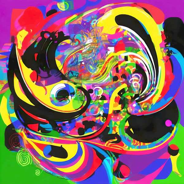 最初の商品画像がポスターの全体図です．2 番めの商品画像として中央部分の拡大図をのせています． 【GPT5/4o による解説】 (正確でない場合がありますので，ご注意ください.) この絵は，鮮やかな色彩と流れるような形状が特徴的な抽象画です...