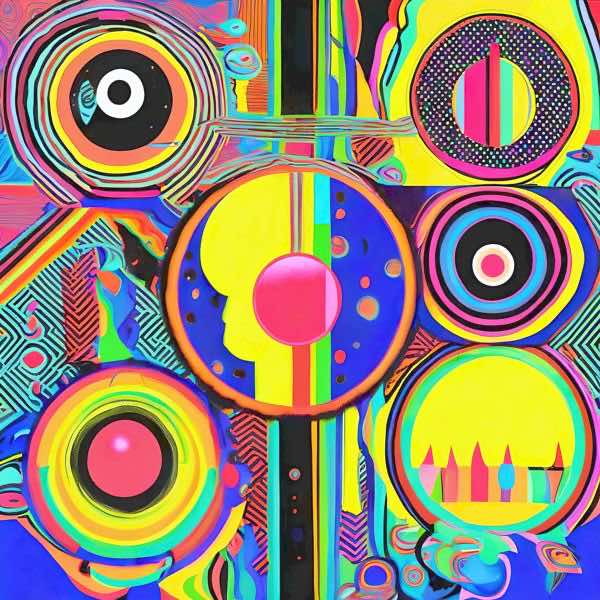 最初の商品画像がポスターの全体図です．2 番めの商品画像として中央部分の拡大図をのせています． 【GPT5/4o による解説】 (正確でない場合がありますので，ご注意ください.) この絵は，鮮やかな色彩と幾何学的な形状が特徴的で，ポップアー...