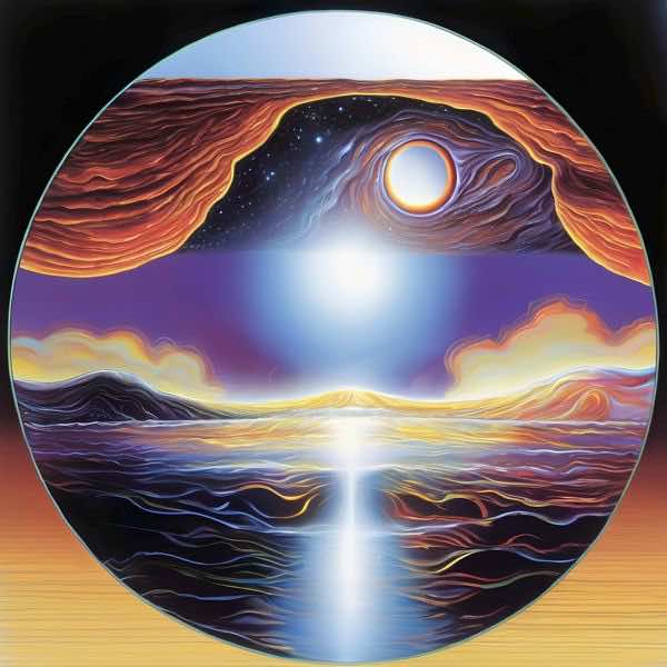 最初の商品画像がポスターの全体図です．2 番めの商品画像として中央部分の拡大図をのせています． 【GPT5/4o による解説】 (正確でない場合がありますので，ご注意ください.) 円形の窓の中に，空と海が一つに溶け合うように描かれています．...