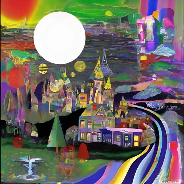 最初の商品画像がポスターの全体図です．2 番めの商品画像として中央部分の拡大図をのせています． 【GPT5/4o による解説】 (正確でない場合がありますので，ご注意ください.) この絵は，大きな白い円が空に浮かび，緑や赤に染まった空の下で...