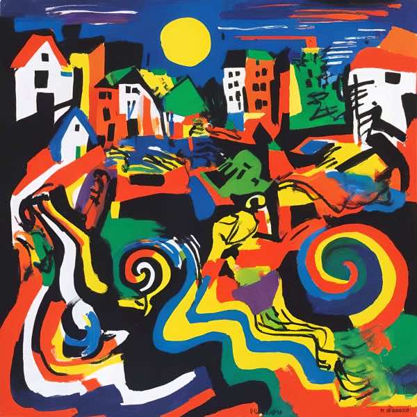 最初の商品画像がポスターの全体図です．2 番めの商品画像として中央部分の拡大図をのせています． 【GPT5/4o による解説】 (正確でない場合がありますので，ご注意ください.) この絵は，色彩の大胆な使用と抽象的な形状が特徴的で，20世紀...