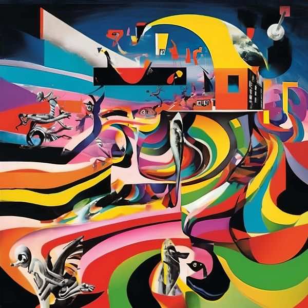 最初の商品画像がポスターの全体図です．2 番めの商品画像として中央部分の拡大図をのせています． 【GPT5/4o による解説】 (正確でない場合がありますので，ご注意ください.) 本作は鮮烈な原色と流線的なリボン状フォルムが画面を渦巻くよう...