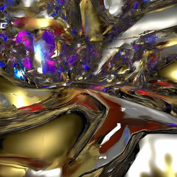 最初の商品画像がポスターの全体図です．2 番めの商品画像として中央部分の拡大図をのせています． 【GPT5/4o による解説】 (正確でない場合がありますので，ご注意ください.) この作品は金属のような光沢と液状に流れる曲線が特徴で，鏡面反...