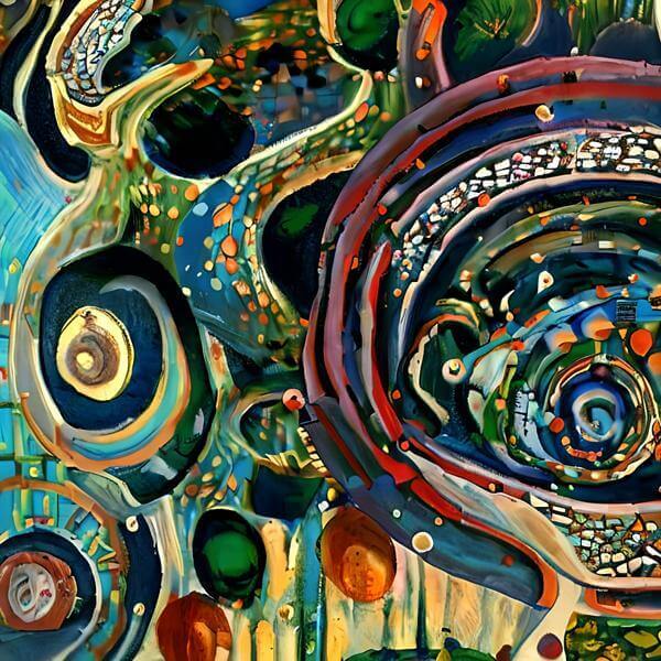 最初の商品画像がポスターの全体図です．2 番めの商品画像として中央部分の拡大図をのせています． 【GPT5/4o による解説】 (正確でない場合がありますので，ご注意ください.) 右側に渦を巻く輪の層が重なり，左には眼のような円が点在し，青...