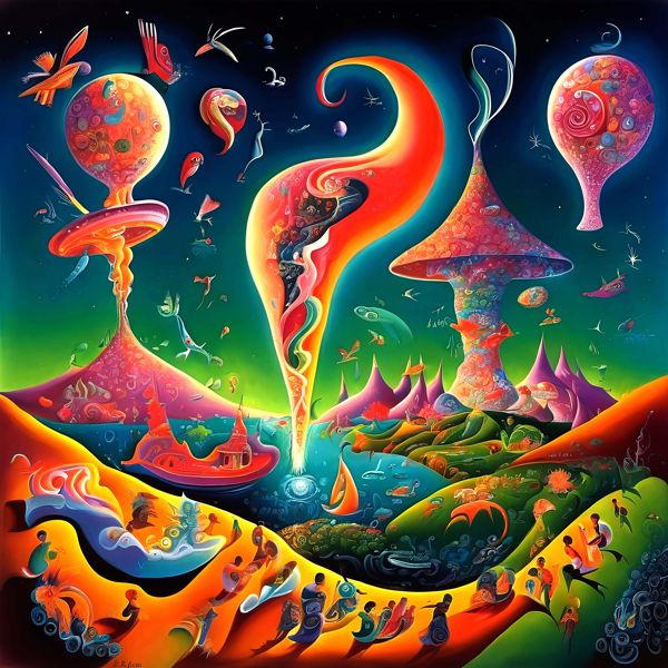 最初の商品画像がポスターの全体図です．2 番めの商品画像として中央部分の拡大図をのせています． 【GPT5/4o による解説】 (正確でない場合がありますので，ご注意ください.) この絵は，シュルレアリスムやサイケデリックアートの影響を受け...