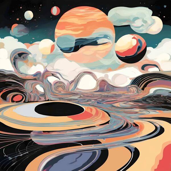 最初の商品画像がポスターの全体図です．2 番めの商品画像として中央部分の拡大図をのせています． 【GPT5/4o による解説】 (正確でない場合がありますので，ご注意ください.) この作品は，淡いコーラルやターコイズを基調にした惑星群と渦巻...