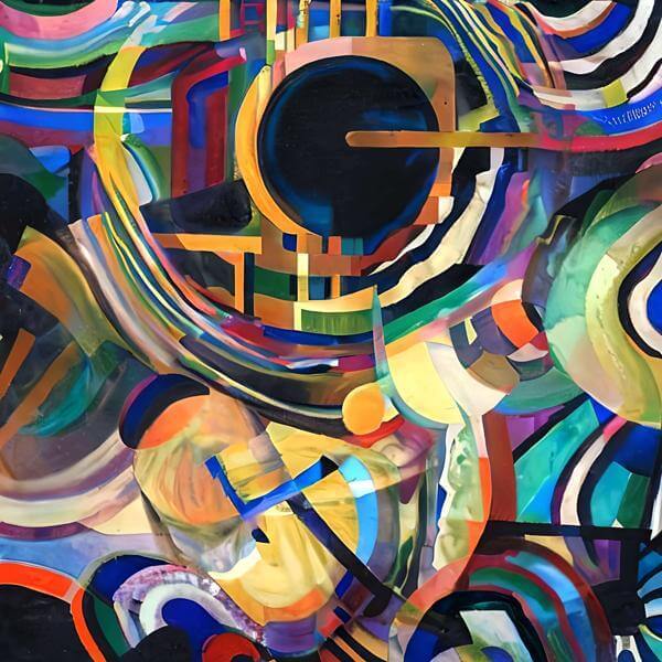 最初の商品画像がポスターの全体図です．2 番めの商品画像として中央部分の拡大図をのせています． 【GPT5/4o による解説】 (正確でない場合がありますので，ご注意ください.) この絵は，抽象表現主義とキュビスムの影響を受けた作品のように...