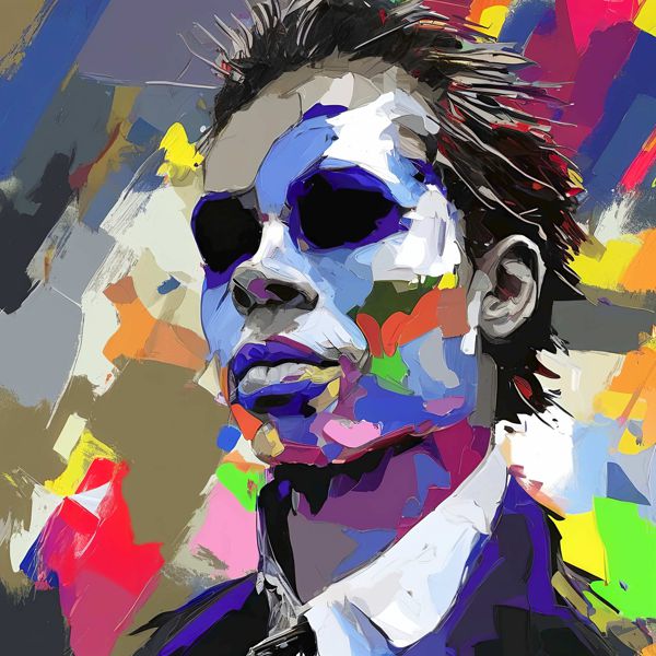 最初の商品画像がポスターの全体図です．2 番めの商品画像として中央部分の拡大図をのせています． 【GPT5/4o による解説】 (正確でない場合がありますので，ご注意ください.) この絵は，ポップアートとストリートアートの影響を受けた作品で...