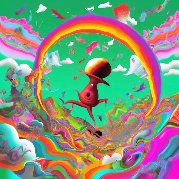 最初の商品画像がポスターの全体図です．2 番めの商品画像として中央部分の拡大図をのせています． 【GPT5/4o による解説】 (正確でない場合がありますので，ご注意ください.) 中央に据えられた赤い奇妙なキャラクターが虹色の輪を背に跳ねる...