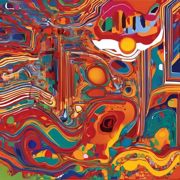 最初の商品画像がポスターの全体図です．2 番めの商品画像として中央部分の拡大図をのせています． 【GPT5/4o による解説】 (正確でない場合がありますので，ご注意ください.) この絵は，抽象表現主義やオプ・アートの影響を受けた作品のよう...