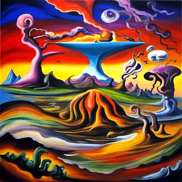 最初の商品画像がポスターの全体図です．2 番めの商品画像として中央部分の拡大図をのせています． 【GPT5/4o による解説】 (正確でない場合がありますので，ご注意ください.) この絵は，シュルレアリスムやサイケデリックアートの影響を受け...