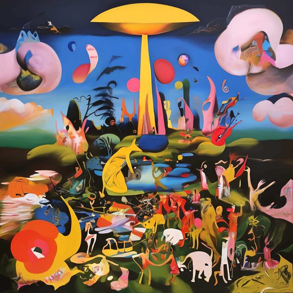 最初の商品画像がポスターの全体図です．2 番めの商品画像として中央部分の拡大図をのせています． 【GPT5/4o による解説】 (正確でない場合がありますので，ご注意ください.) この絵は，中央にそびえる黄の傘状のフォルムを軸に，浮遊する有...