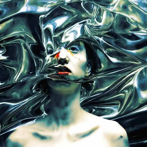 最初の商品画像がポスターの全体図です．2 番めの商品画像として中央部分の拡大図をのせています． 【GPT5/4o による解説】 (正確でない場合がありますので，ご注意ください.) この作品は，金属のように光を反射する流体が人の顔を包み込み，...