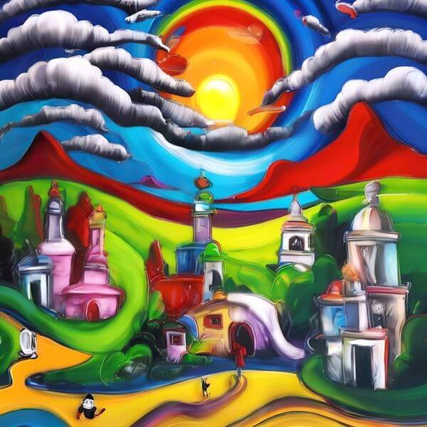 最初の商品画像がポスターの全体図です．2 番めの商品画像として中央部分の拡大図をのせています． 【GPT5/4o による解説】 (正確でない場合がありますので，ご注意ください.) 陽光が中央の円形から溢れ，虹色のグラデーションと渦を描く雲が...