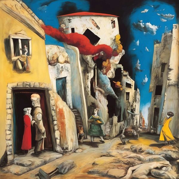 最初の商品画像がポスターの全体図です．2 番めの商品画像として中央部分の拡大図をのせています． 【GPT5/4o による解説】 (正確でない場合がありますので，ご注意ください.) この作品は青い空と黄土色の建物が対照をなす古びた街並みを舞台...