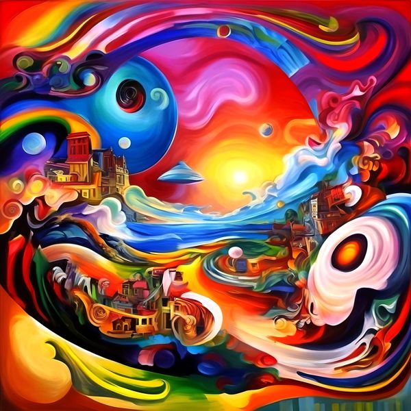 最初の商品画像がポスターの全体図です．2 番めの商品画像として中央部分の拡大図をのせています． 【GPT5/4o による解説】 (正確でない場合がありますので，ご注意ください.) この絵は，渦を巻く筆致と厚い色で，現実と夢の境をまたぐ風景を...