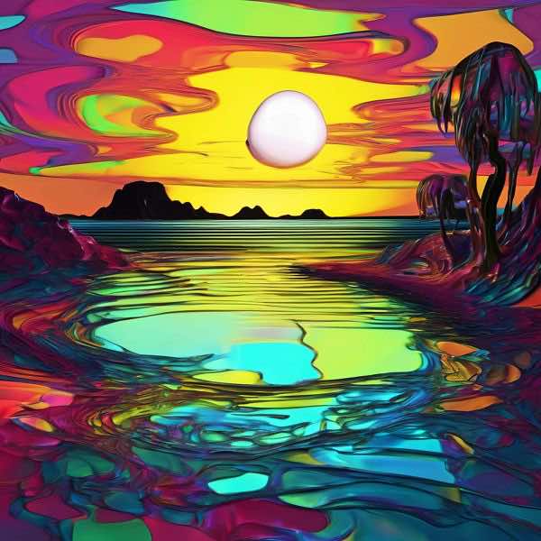 最初の商品画像がポスターの全体図です．2 番めの商品画像として中央部分の拡大図をのせています． 【GPT5/4o による解説】 (正確でない場合がありますので，ご注意ください.) この絵は中央に大きな光る球体を配し，夕陽にも月にも見える光源...