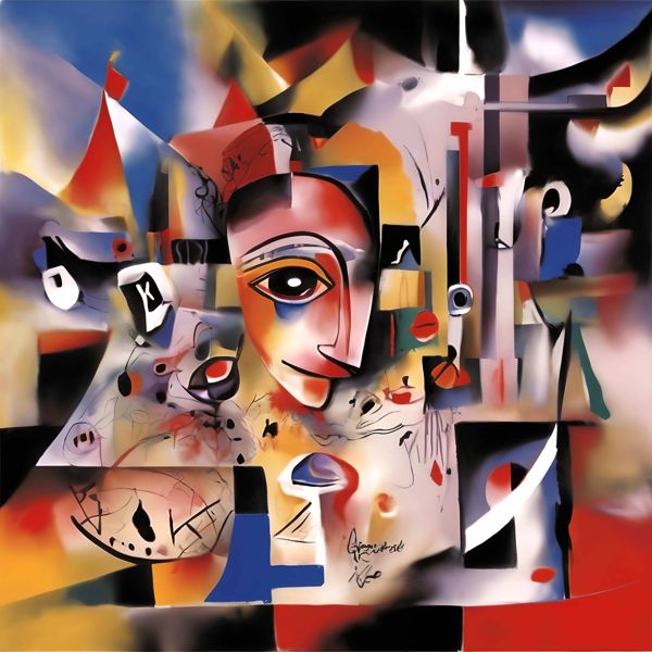 最初の商品画像がポスターの全体図です．2 番めの商品画像として中央部分の拡大図をのせています． 【GPT5/4o による解説】 (正確でない場合がありますので，ご注意ください.) この絵は，キュビズムとシュルレアリスムの影響を受けた作品です...