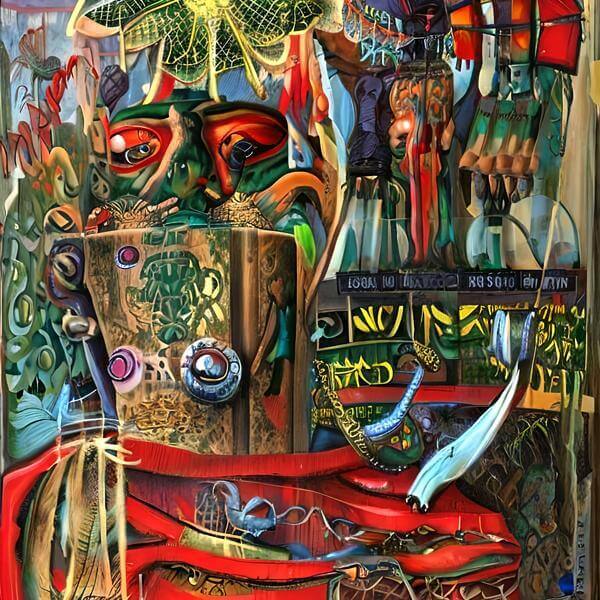 最初の商品画像がポスターの全体図です．2 番めの商品画像として中央部分の拡大図をのせています． 【GPT5/4o による解説】 (正確でない場合がありますので，ご注意ください.) この絵は，シュルレアリスムとキュビスムの影響を受けた作品のよ...