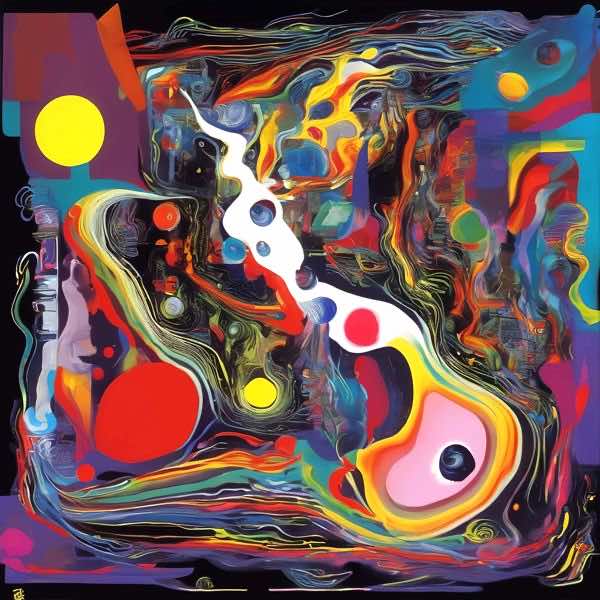 最初の商品画像がポスターの全体図です．2 番めの商品画像として中央部分の拡大図をのせています． 【GPT5/4o による解説】 (正確でない場合がありますので，ご注意ください.) この絵は，抽象表現主義やシュルレアリスムの影響を受けた作品の...