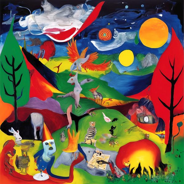 最初の商品画像がポスターの全体図です．2 番めの商品画像として中央部分の拡大図をのせています． 【GPT5/4o による解説】 (正確でない場合がありますので，ご注意ください.) この絵は，シュルレアリスムやファンタジーアートの影響を受けて...