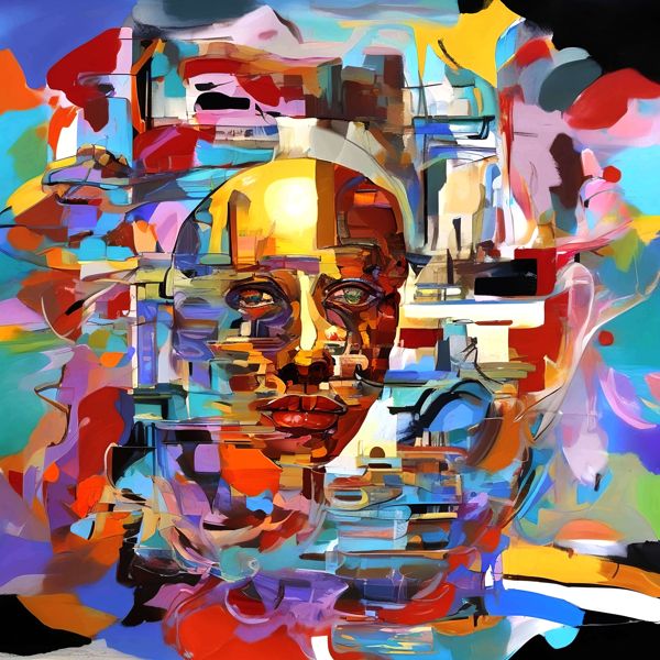 最初の商品画像がポスターの全体図です．2 番めの商品画像として中央部分の拡大図をのせています． 【GPT5/4o による解説】 (正確でない場合がありますので，ご注意ください.) この絵は，キュビズムと抽象表現主義の影響を受けた作品です． ...