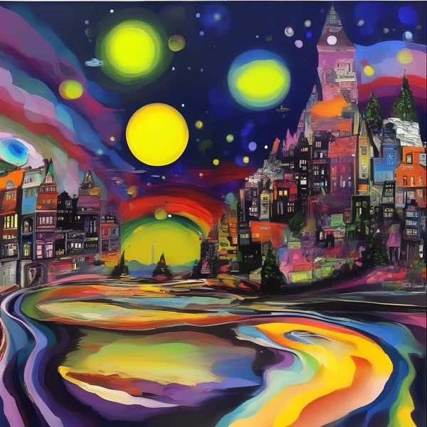 最初の商品画像がポスターの全体図です．2 番めの商品画像として中央部分の拡大図をのせています． 【GPT5/4o による解説】 (正確でない場合がありますので，ご注意ください.) 深い紺の空に，ひときわ大きい黄色の円がいくつも浮かび，夜と昼...