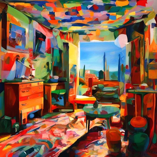 最初の商品画像がポスターの全体図です．2 番めの商品画像として中央部分の拡大図をのせています． 【GPT5/4o による解説】 (正確でない場合がありますので，ご注意ください.) 鮮やかな色面が室内を満たし，家具や窓際の風景がやわらかく抽象...