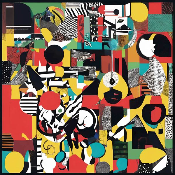 最初の商品画像がポスターの全体図です．2 番めの商品画像として中央部分の拡大図をのせています． 【GPT5/4o による解説】 (正確でない場合がありますので，ご注意ください.) この絵は，抽象表現主義やキュビスムの影響を受けた作品のように...