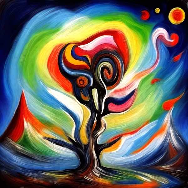 最初の商品画像がポスターの全体図です．2 番めの商品画像として中央部分の拡大図をのせています． 【GPT5/4o による解説】 (正確でない場合がありますので，ご注意ください.) この絵は，鮮やかな色彩と流れるような形状が特徴的で，ポスト印...