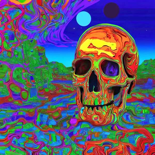 最初の商品画像がポスターの全体図です．2 番めの商品画像として中央部分の拡大図をのせています． 【GPT5/4o による解説】 (正確でない場合がありますので，ご注意ください.) 夜の砂漠に出現した溶岩色の頭蓋骨が，現実と幻覚の境目を撓ませ...