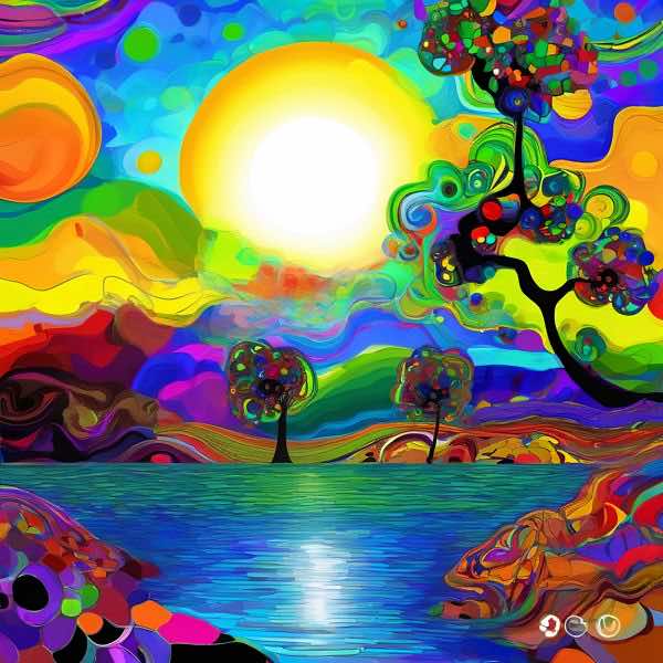 最初の商品画像がポスターの全体図です．2 番めの商品画像として中央部分の拡大図をのせています． 【GPT5/4o による解説】 (正確でない場合がありますので，ご注意ください.) 強烈な色彩と曲線で構成された本作は，中央に輝く大きな太陽を軸...