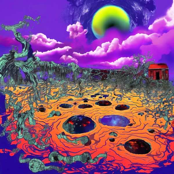 最初の商品画像がポスターの全体図です．2 番めの商品画像として中央部分の拡大図をのせています． 【GPT5/4o による解説】 (正確でない場合がありますので，ご注意ください.) 紫の空が舞台照明のように世界を包み，中心の黒緑の光球は日蝕と...