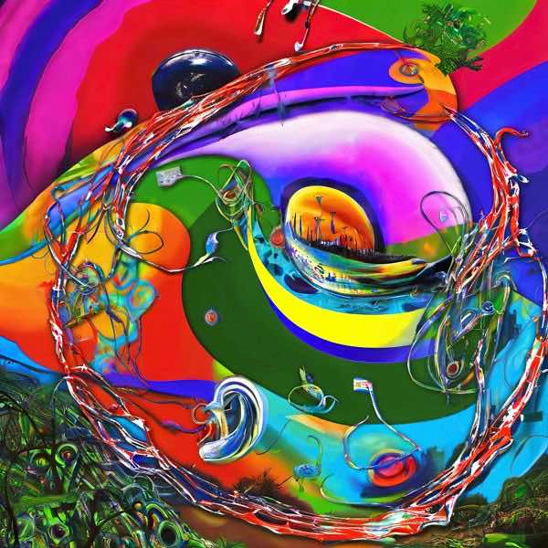 最初の商品画像がポスターの全体図です．2 番めの商品画像として中央部分の拡大図をのせています． 【GPT5/4o による解説】 (正確でない場合がありますので，ご注意ください.) この絵は，強い色が重なり合う抽象画です． 中心には光沢のある...