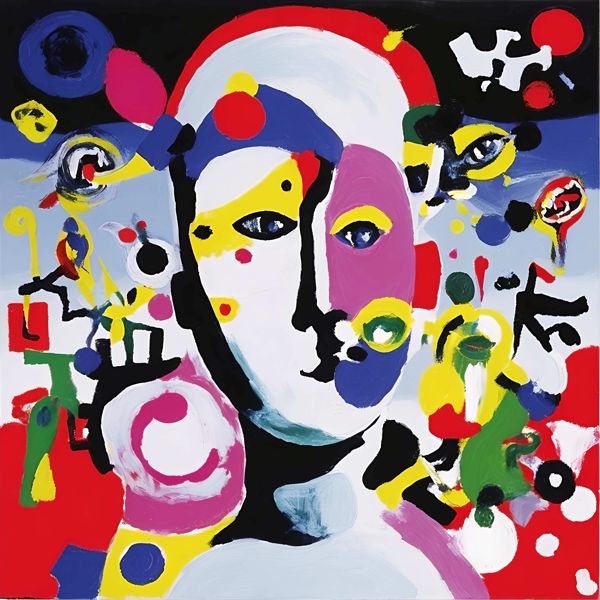 最初の商品画像がポスターの全体図です．2 番めの商品画像として中央部分の拡大図をのせています． 【GPT5/4o による解説】 (正確でない場合がありますので，ご注意ください.) この絵は，抽象表現主義とキュビスムの影響を受けた作品です． ...